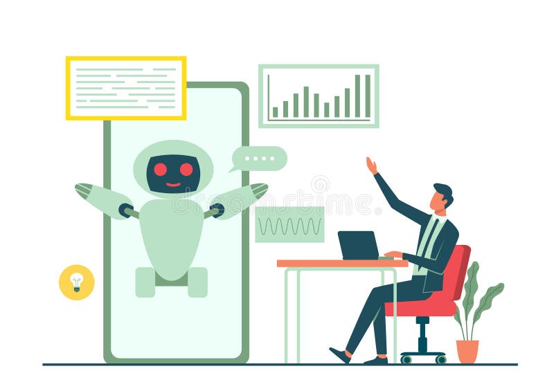 Work with Artificial Intelligence. Man in Suit Work with Bot on ...