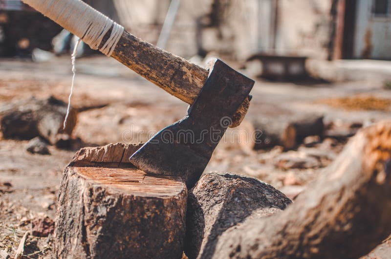 Work Ax. Cutting Firewood at Home Stock Image - Image of firewood ...
