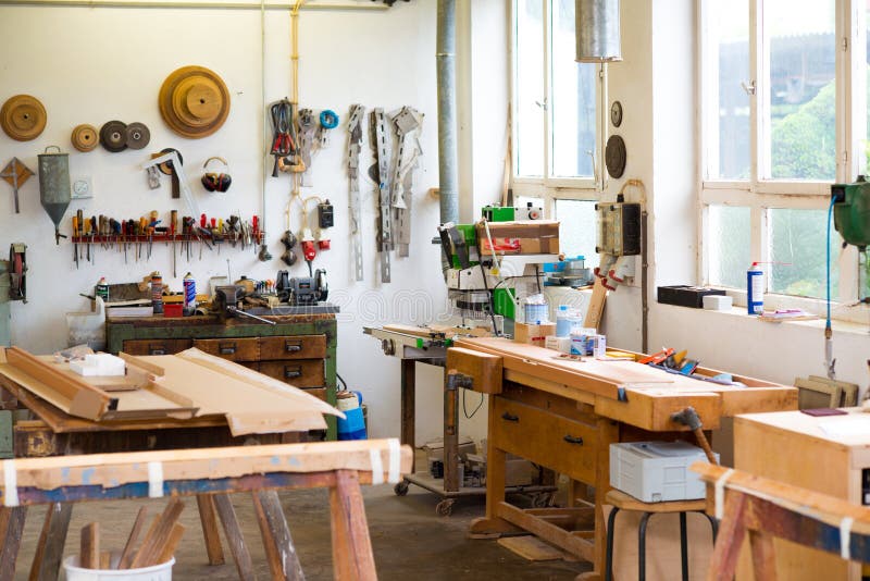 Work Bench with Tools in the Carpenter S Workshop Stock Image - Image ...