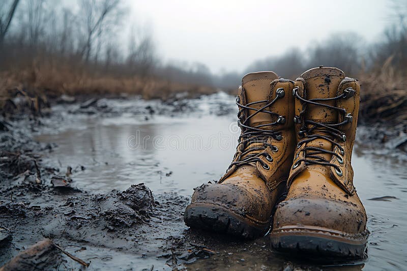Work Boots Standing in Mud and Water on a Cloudy Day Stock Illustration ...