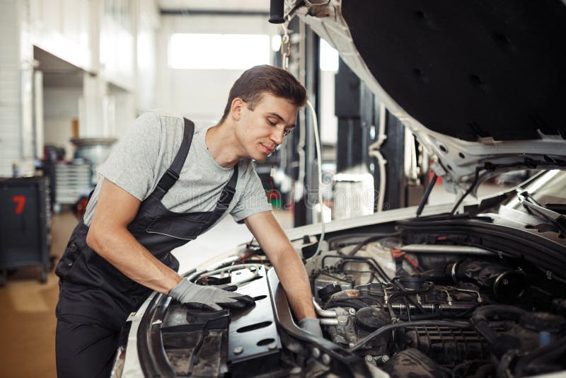 At Work: a Car Mechanic is Looking for Bugs in an Engine Stock Photo ...