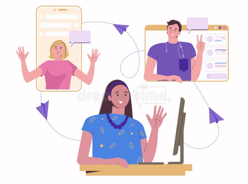 Work and Chat Online. Co-workers and Friends Work Remotely from Home ...