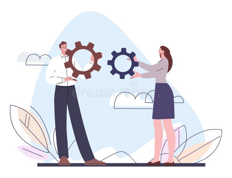 Work Collaboration. Man and Woman Holding Gears, Communication, Job ...