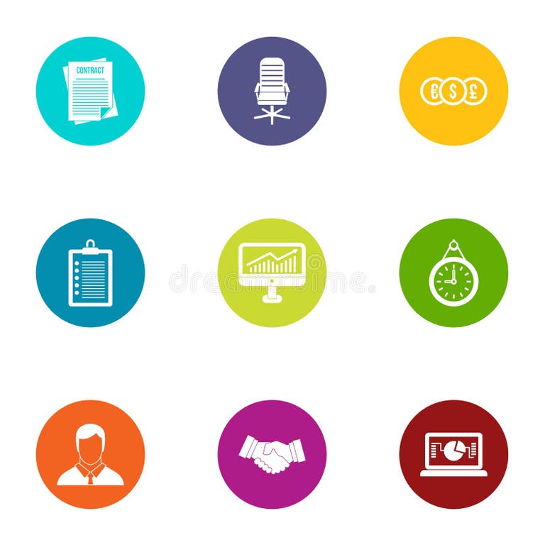 Work at Computer Icons Set, Flat Style Stock Vector - Illustration of ...