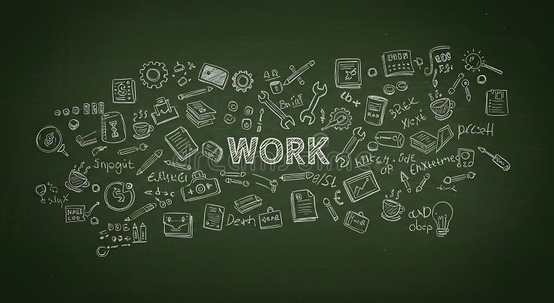 Work Concept Chalkboard Drawing with Tools and Office Objects Stock ...