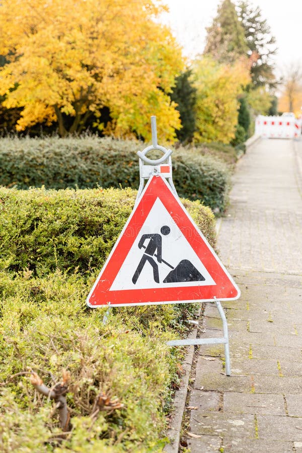 Construction Site Sign Cordoning Off on a Road Stock Image - Image of ...