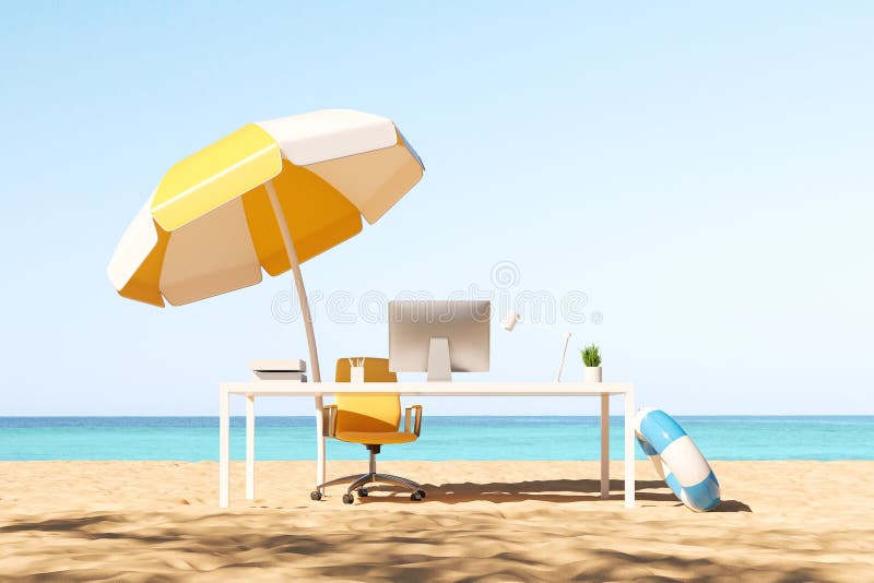Work Desk on a Beach, Office Tools and Accessories. Remote Work Stock ...