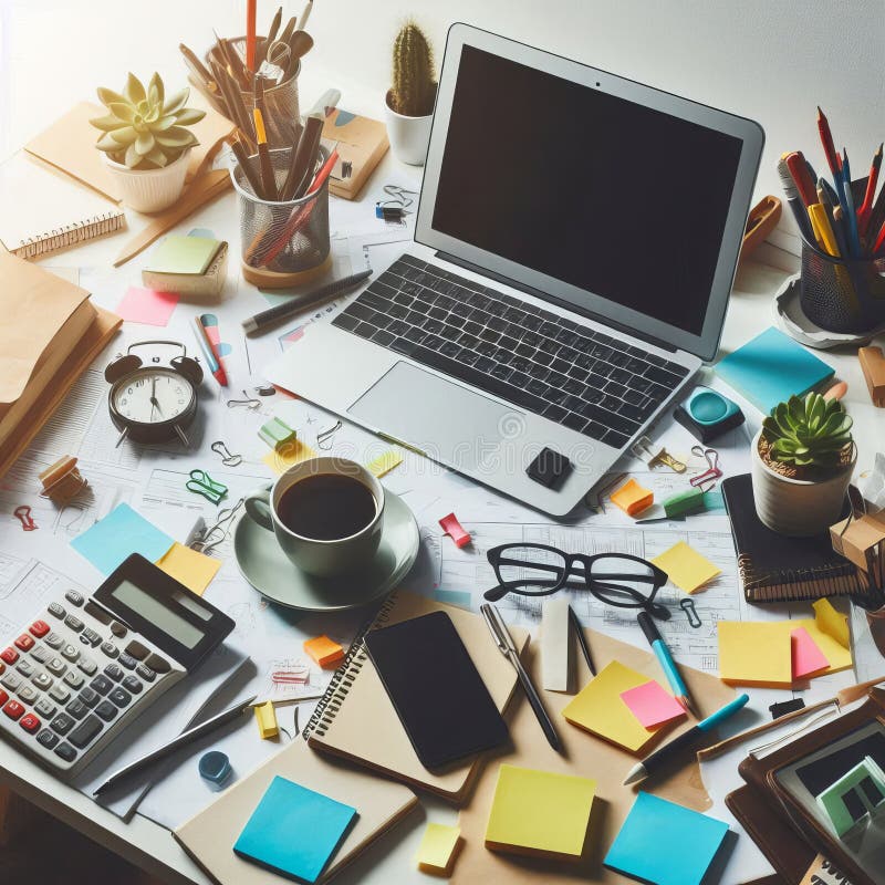 Work Desk a Cluttered Desk with a Laptop Coffee Sticky Notes and Stock ...