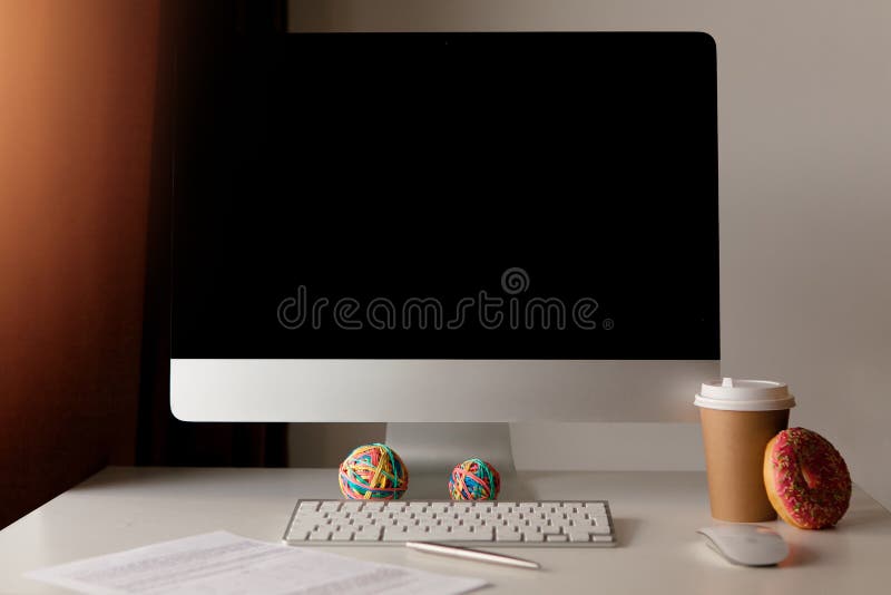 Work Desk with Computer with Donut and Coffee Stock Photo - Image of ...