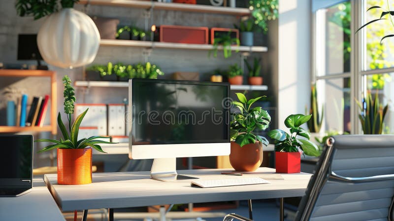 Work Desk with Computer and Plants. Modern Interior of Cozy Cabinet ...