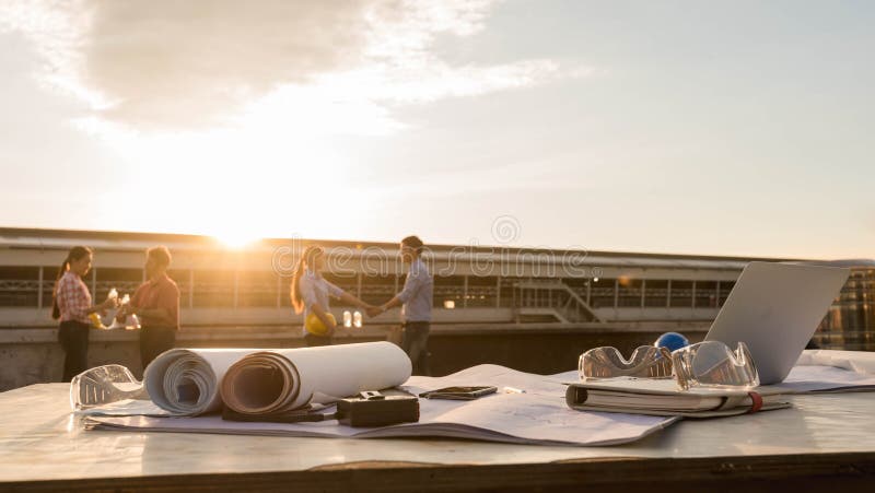 Work Desk of Construction Engineer Outdoor at after Work Days Stock ...
