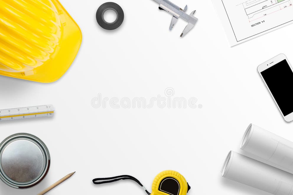 Work Desk on Construction Site. Tools, Measuring Instruments and ...
