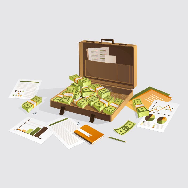 Work Desk with Documents, Suitcase and Money. Isolated on Light ...