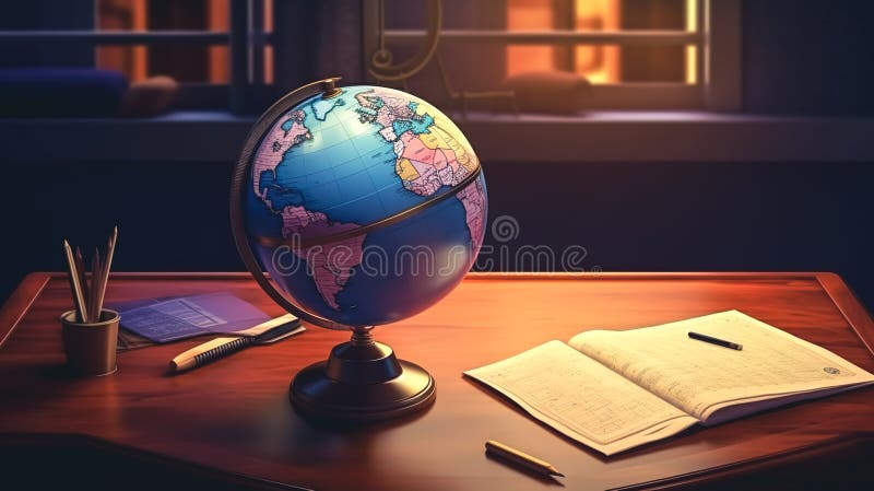 Work Desk with Earth Globe, Study Concept, Generative AI. Stock ...