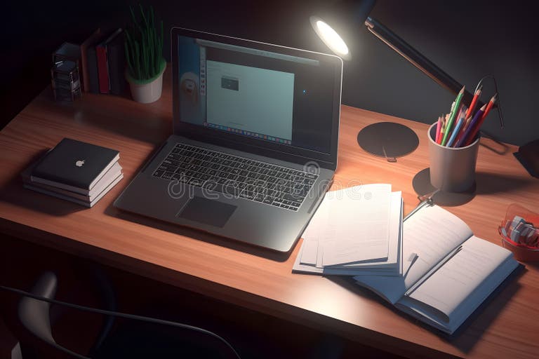 Work Desk with a Laptop and Writing Tools, 3d Rendering, Isometric View ...