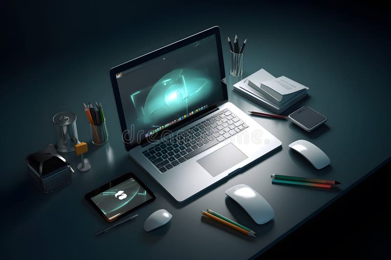 Work Desk with a Laptop and Writing Tools, 3d Rendering, Isometric View ...