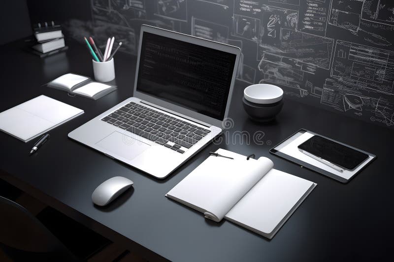 Work Desk with a Laptop and Writing Tools, 3d Rendering, Isometric View ...