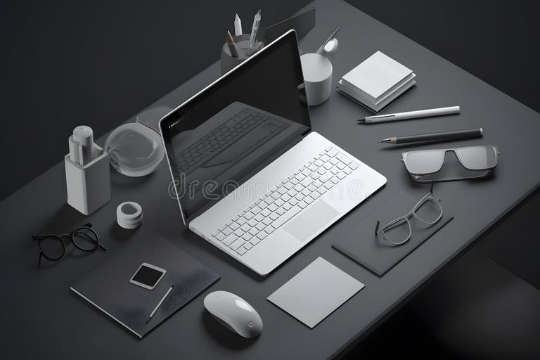 Work Desk with a Laptop and Writing Tools, 3d Rendering, Isometric View ...
