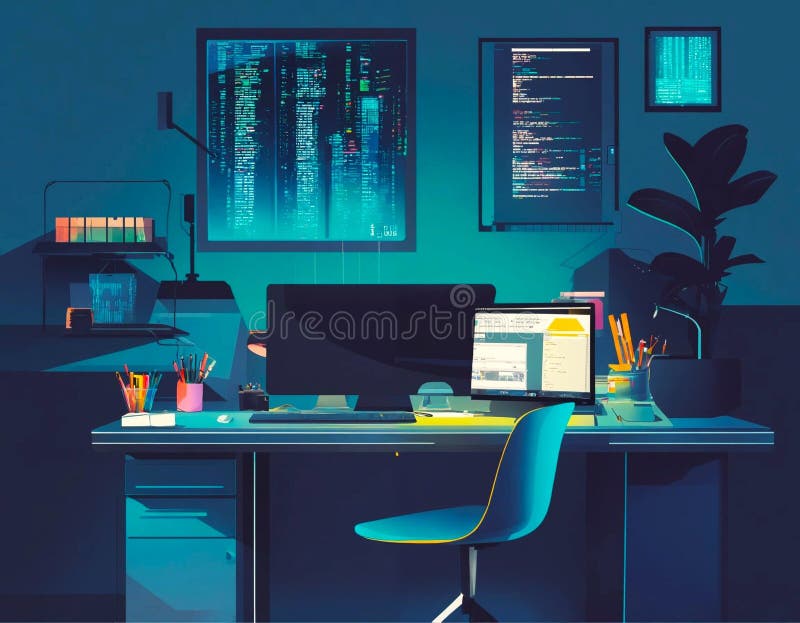 A Work Desk in a Modern Equipped it Center. Stock Illustration ...