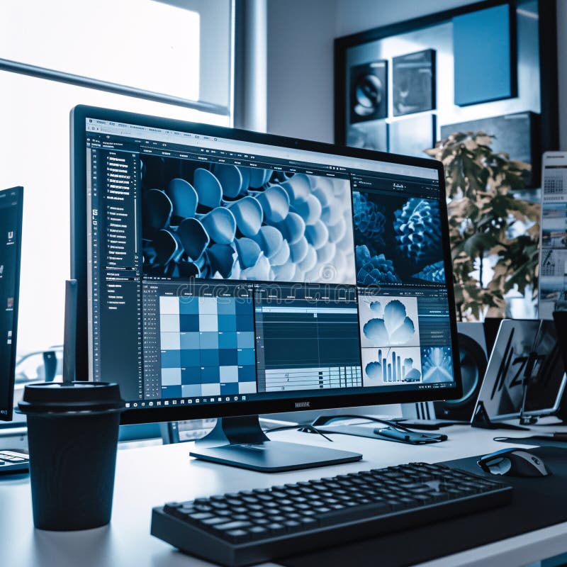 Modern Work Desk Setup with Editing Software on Screen Stock ...