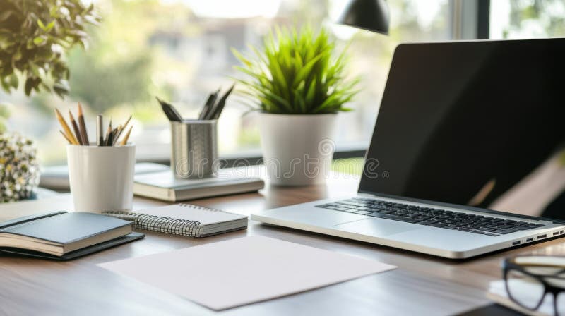 Work Desk Setup Laptop Notebooks Plants Bright Modern Office Space ...
