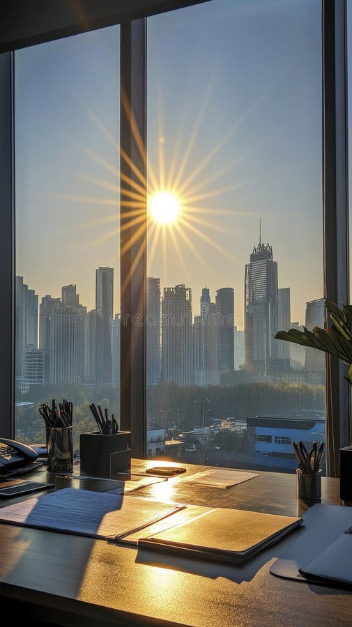 Work Desk with Sun and Cityscape View Signifying Growth Stock ...
