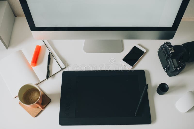 Work Desk Top View with Computer, Coffee, Smart Phone, Tablet, N Stock ...