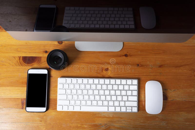 Work Desk Top View Lens-camera Phone Keyboard and Mouse on Table Wood ...