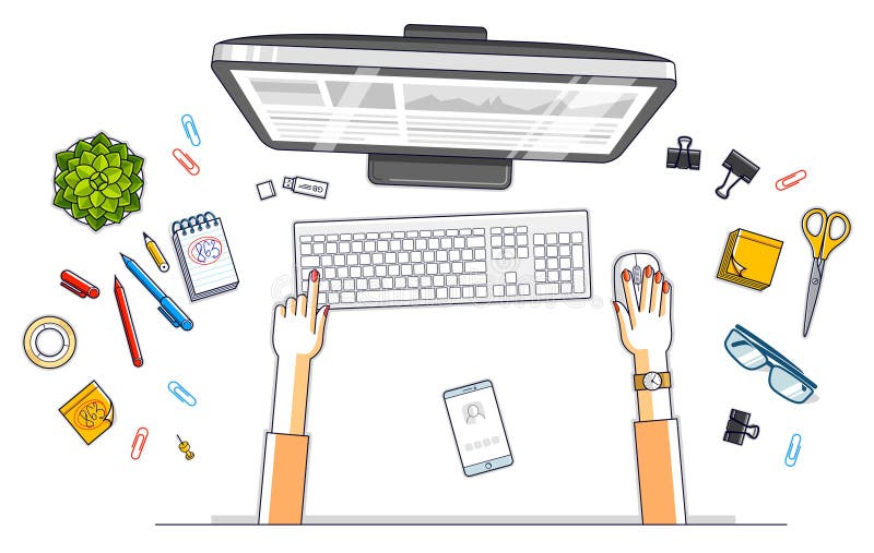 Work Desk Workspace Top View with Hands of Office Worker or ...