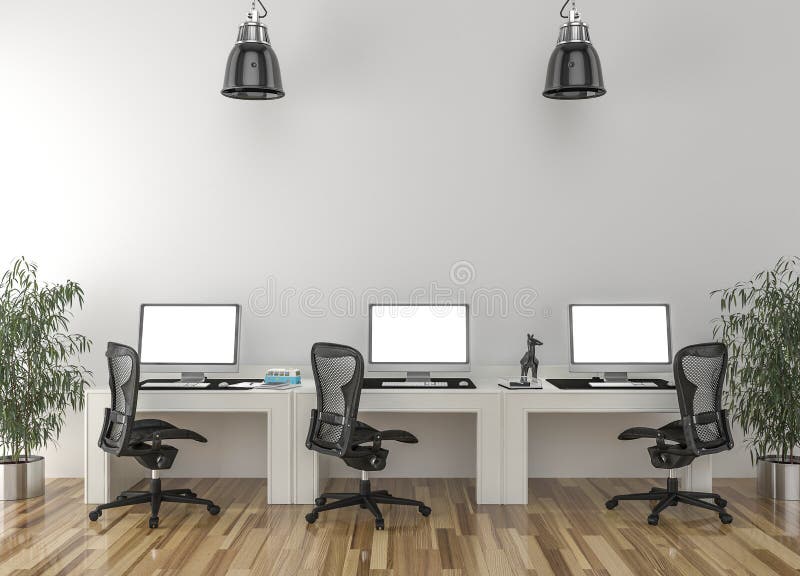 Work Desks in Empty Room with Big Wall in Background Stock Illustration ...