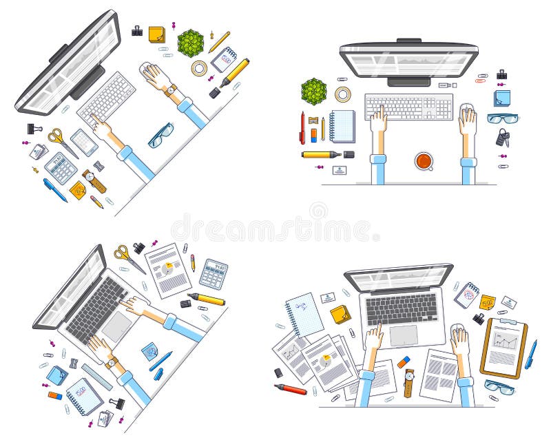 Work Desks Workspaces Top View with Hands of Office Workers or ...