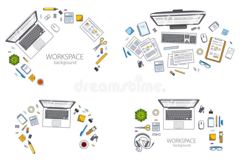 Work Desks Workspaces Top View with PC or Laptops and a Lot of ...