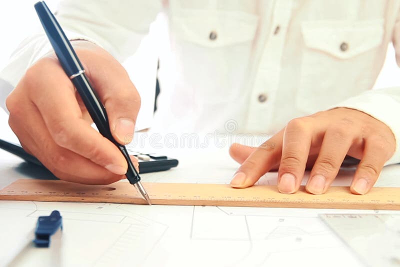 Work on a Drawing of Diagram by an Engineer. Engineer S Hand Over the ...