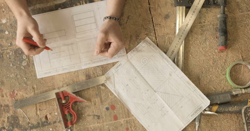Work with Drawings on a Workbench Stock Video - Video of block, produce ...