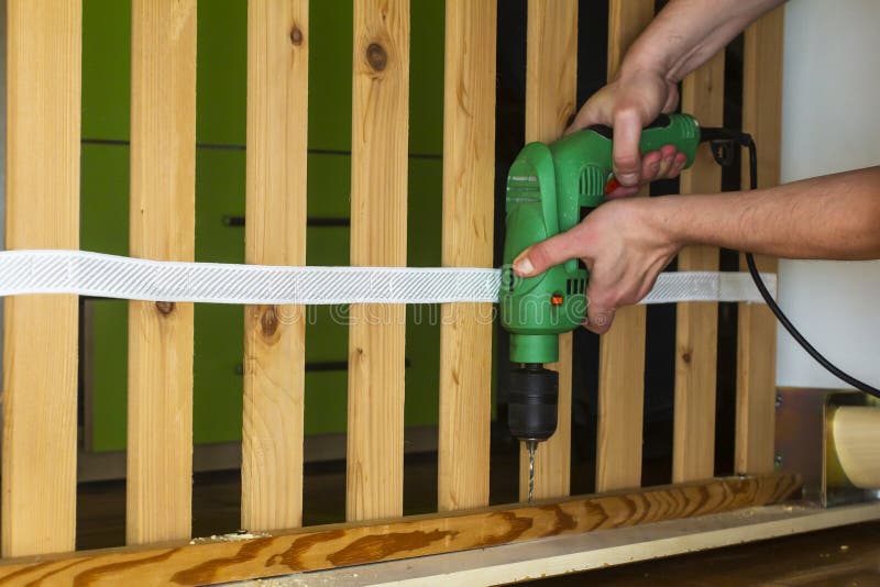 Work by Electric Drill when Assembling the Bed Stock Photo - Image of ...
