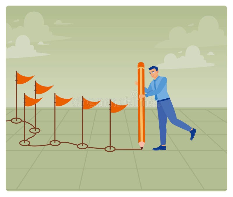 Work Experience or Road Map Concept. Man Drawing a Path Using a Large Pencil with Flags. Stock ...