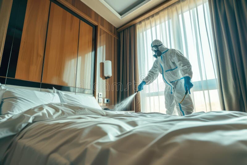 Work of an Exterminator in a Protective Suit and Breathing Mask ...