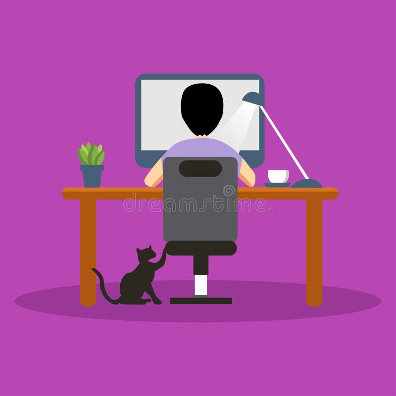 Work Form Home Concept with Men Sitting at Desk, Staring at Computer ...