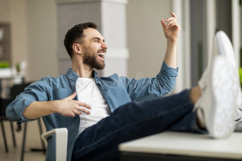 Work Fun Cheerful Young Man Playing Virtual Guitar Workplace Stock ...