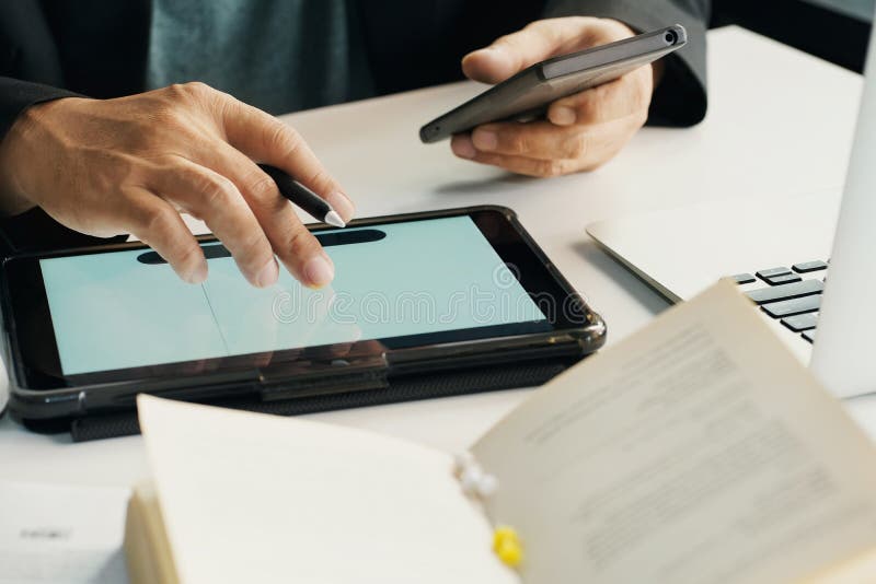 Work from Home ,Business Man Using Digital Pen Tablet Pointing on ...