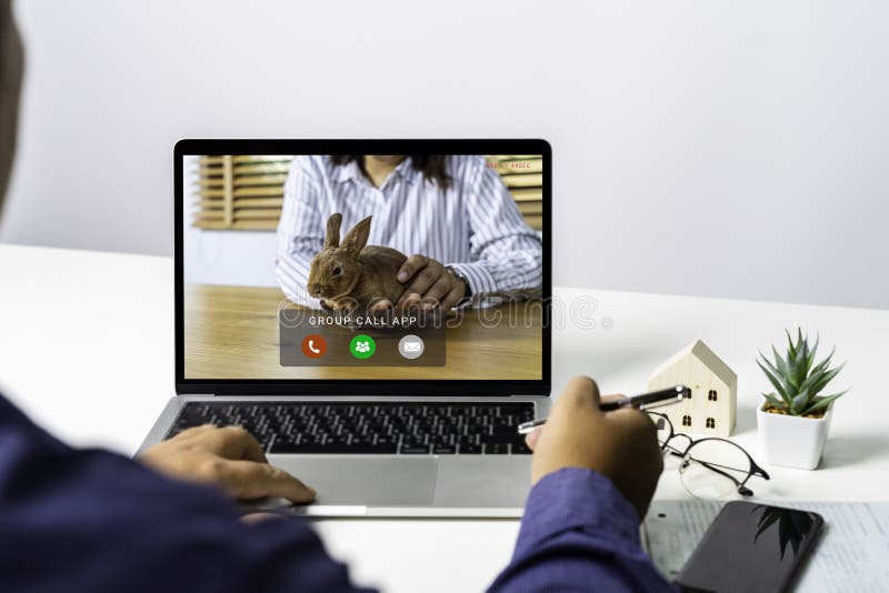 Work at Home with Business Team Using Laptop Computer with Group Call ...