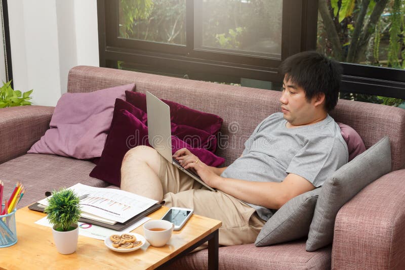 Work from Home,Businessman Working Remotely from Home. Using Computer ...