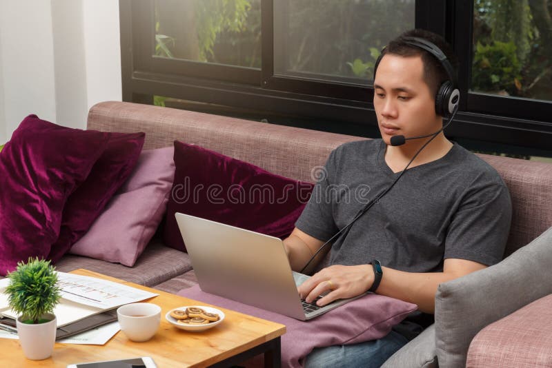 Work from Home,Businessman Working Remotely from Home. Using Computer ...