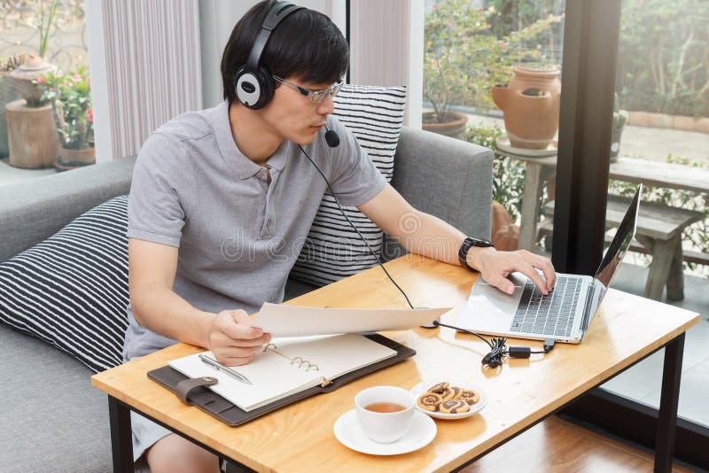 Work from Home,Businessman Working Remotely from Home. Using Computer ...