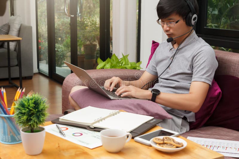 Work from Home,Businessman Working Remotely from Home. Using Computer ...