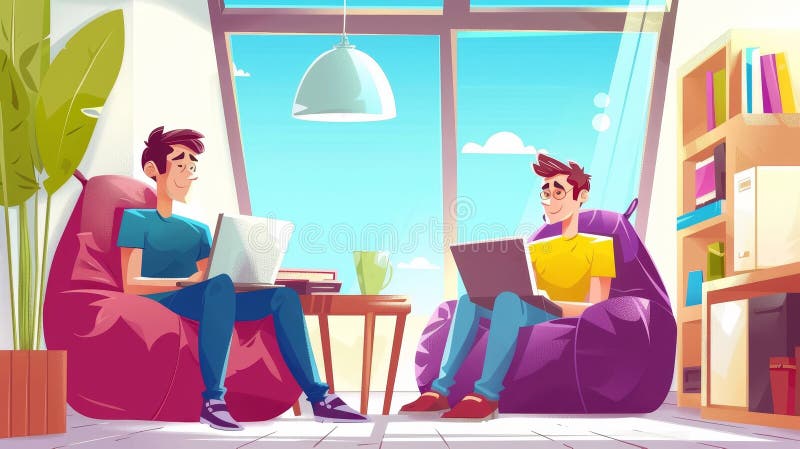Work from Home Cartoon Web Banners, Relaxed Freelancers Characters ...