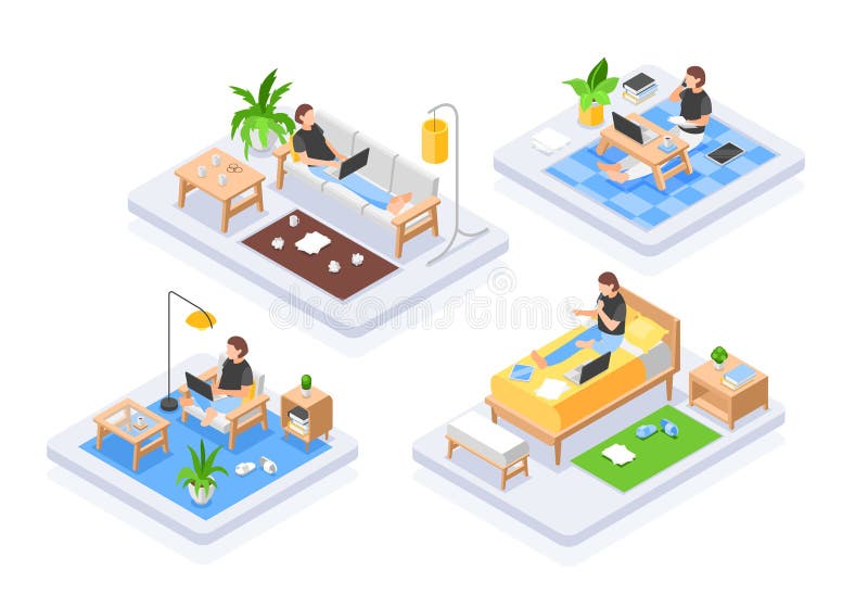 Work from Home Compositions in Isometric View Stock Illustration ...