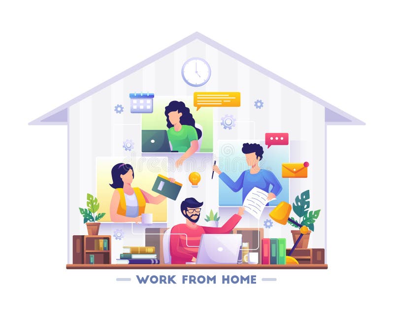 Work at Home Concept Design. People Remote Working on Laptop Scene ...