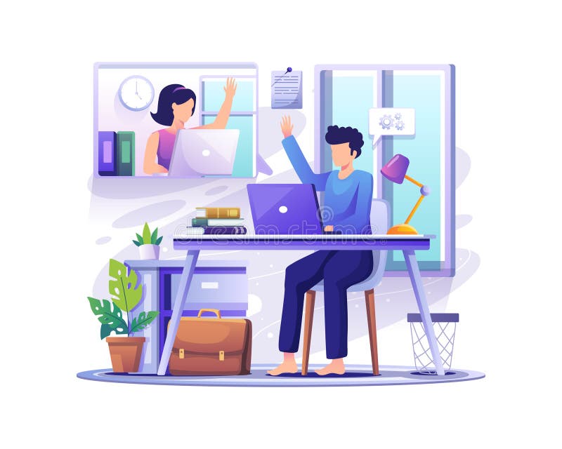 Work at Home Concept Design. a Young Man and Woman Remote Working on ...