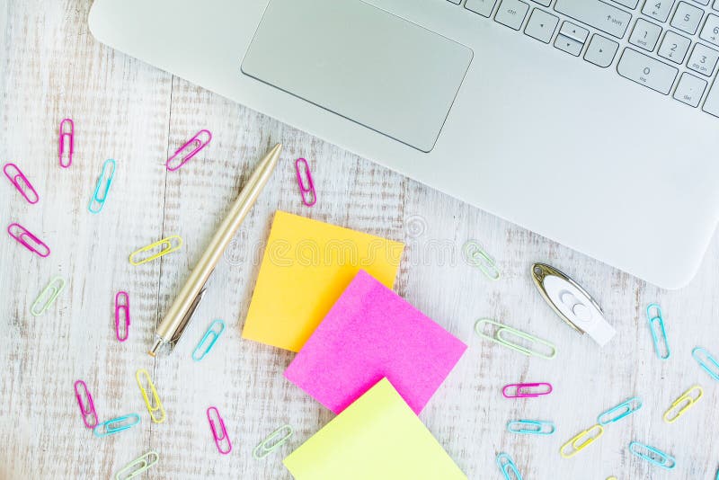 Work from Home Desk with Laptop Computer and Post it Notes Stock Photo ...